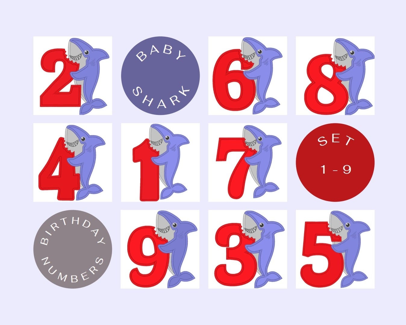 Baby Shark Birthday numbers SET 1-9 bitten number kids boy Birthday ...