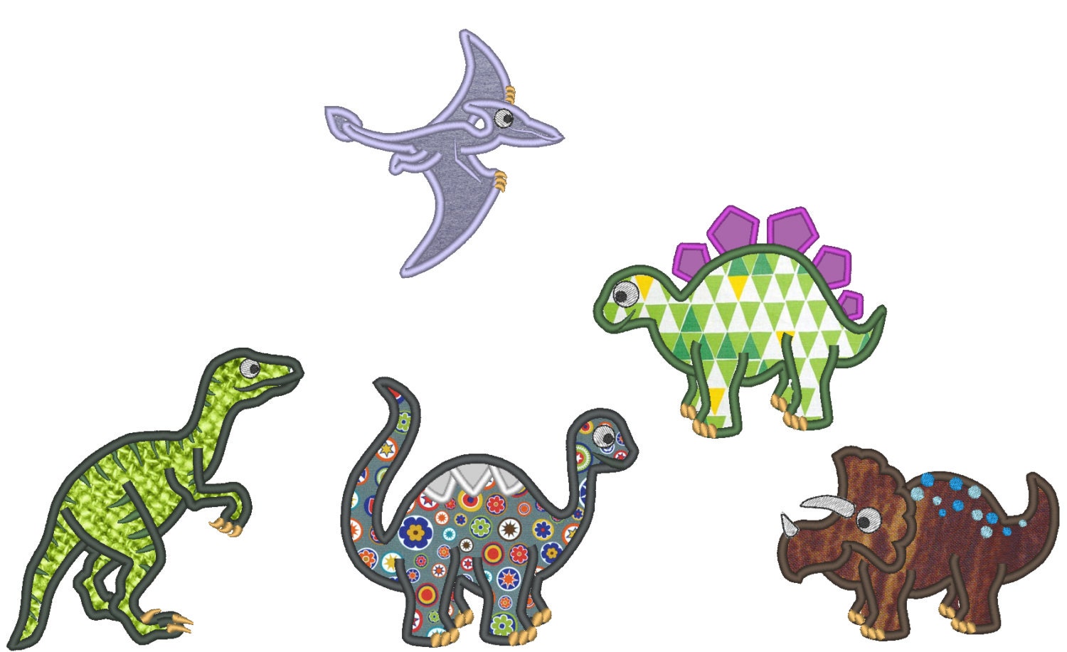 Single Dinosaurs SET of 5 types applique designs in multiple sizes for ...