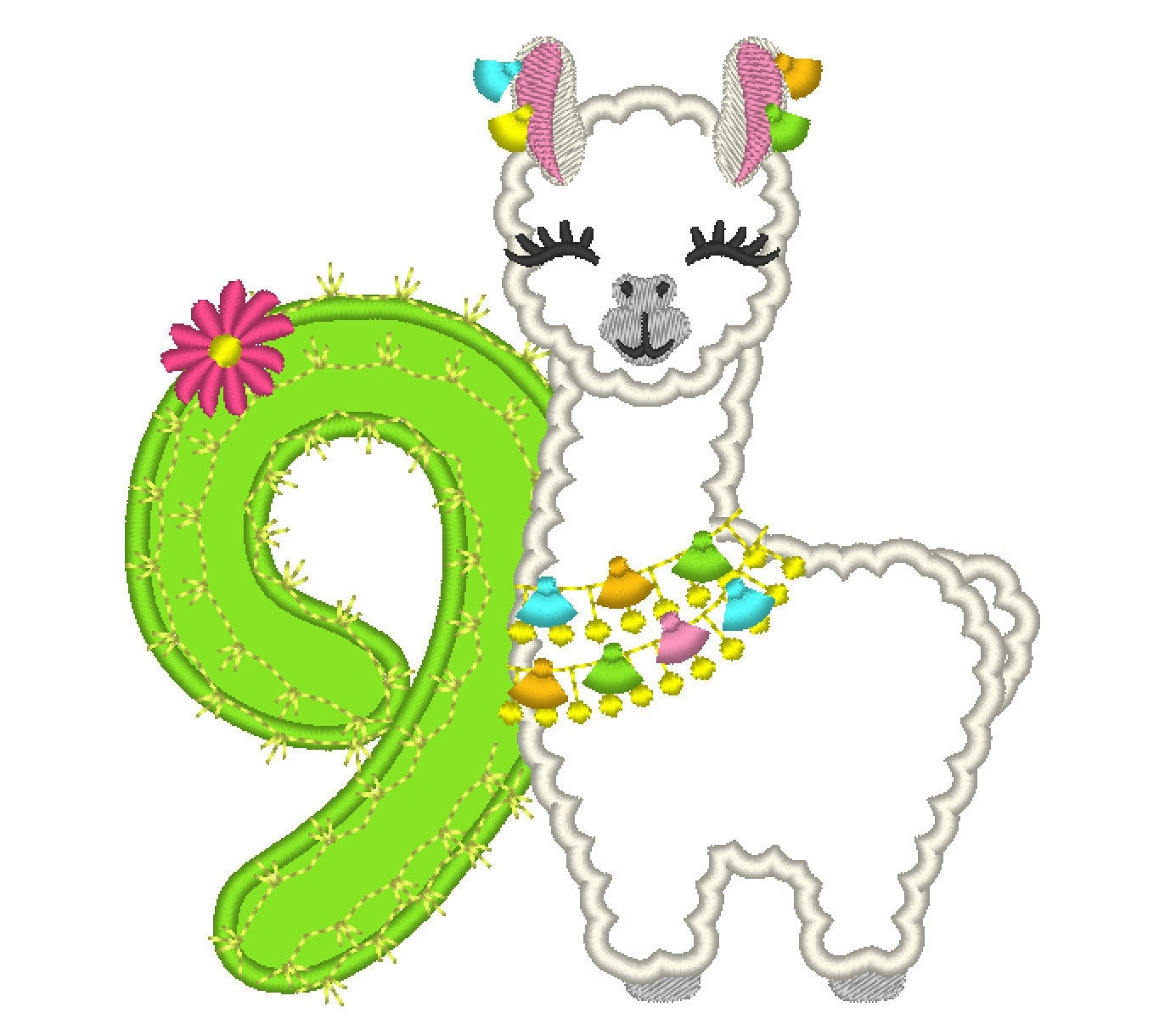 Number 9 Ninth birthday Llama alpaca with cactus number NINE applique ...