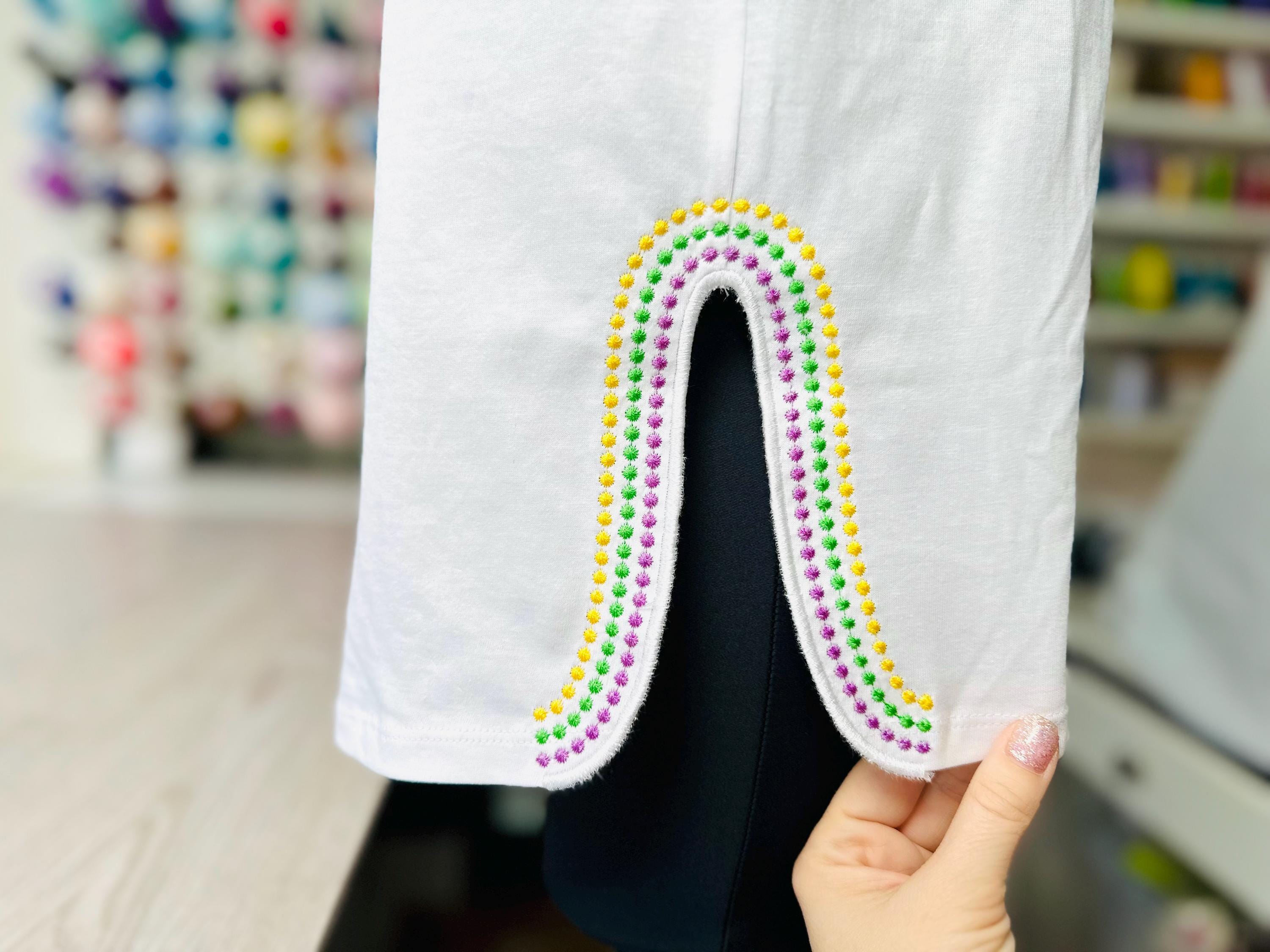 Mardi Gras Pearl split side seam cutout side bow machine embroidery ...