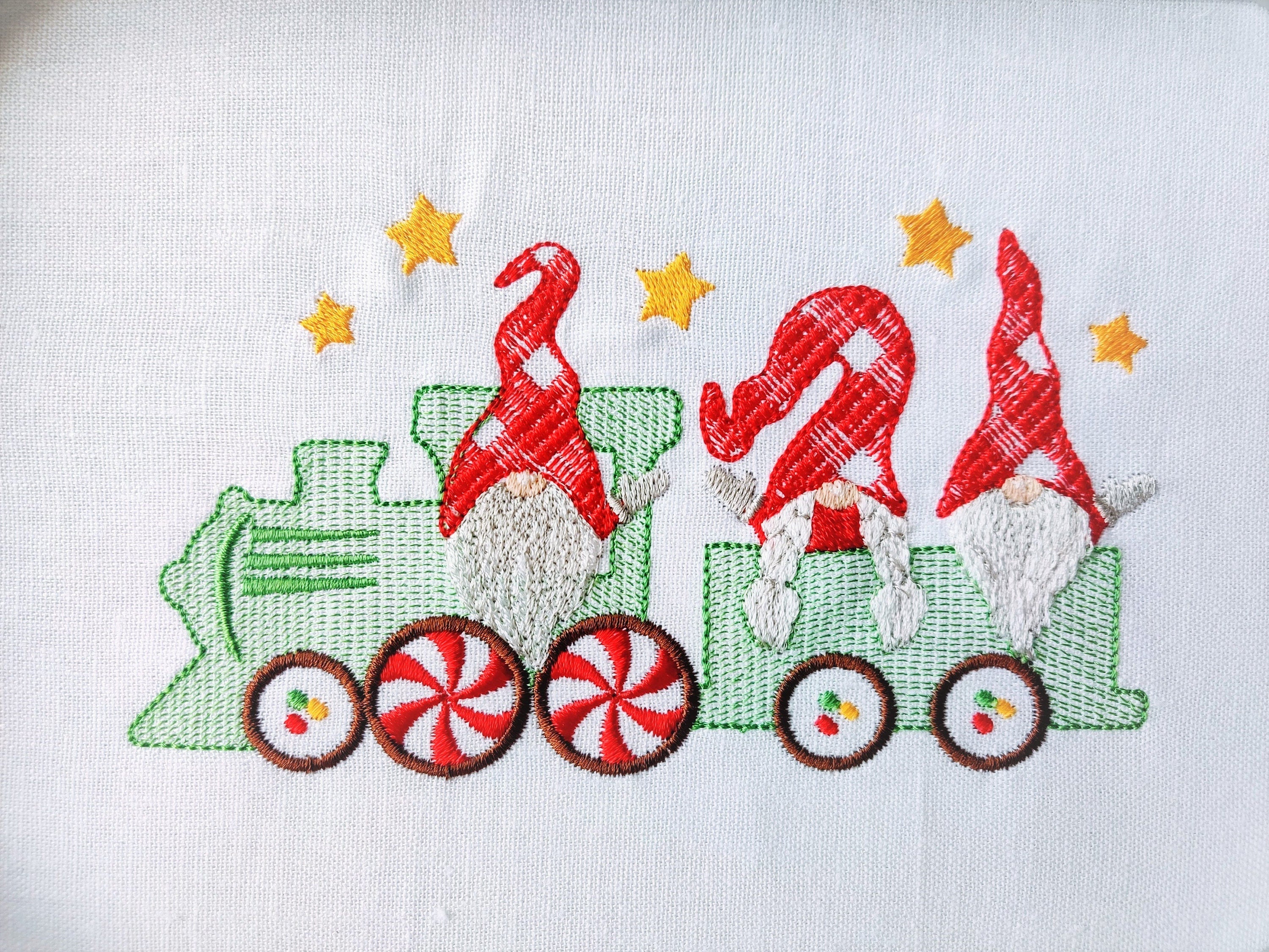 Christmas Train candy wheels Merry Christmas Gingham plaid Gnomes in a ...