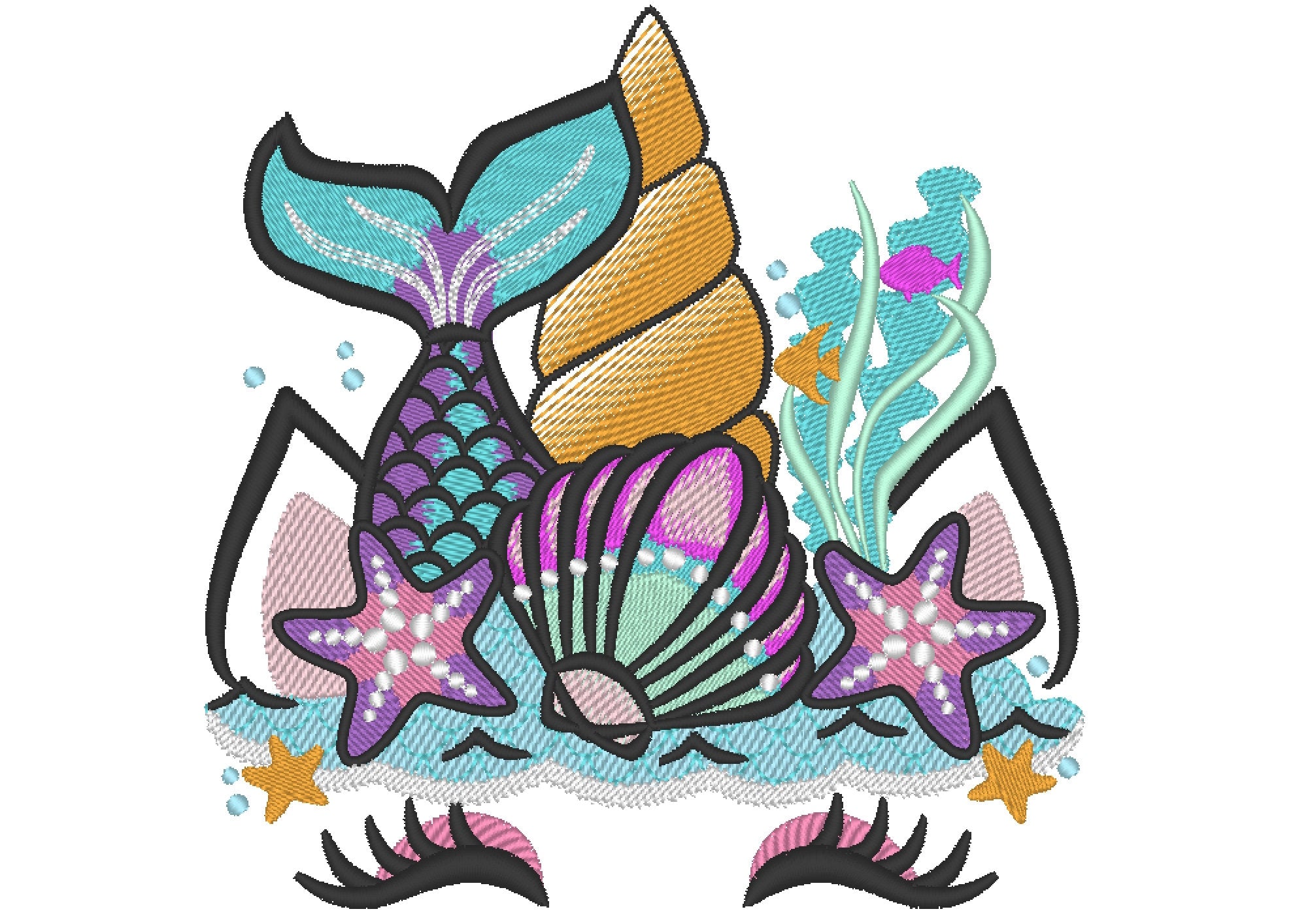 Mermaid Sea Unicorn head with shell and star crown machine embroidery ...