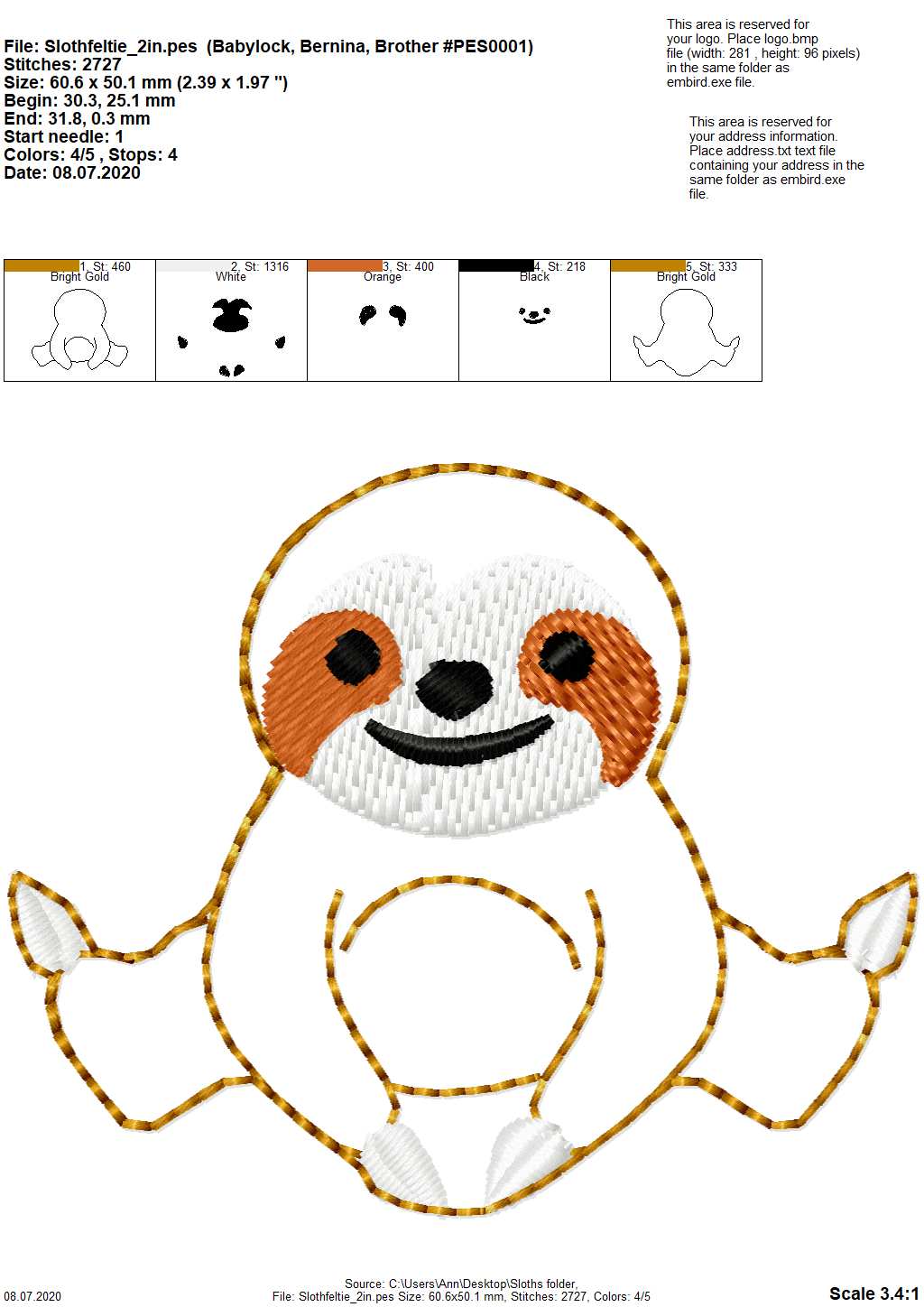 Mini Sloth feltie in the hoop animal machine embroidery designs ...