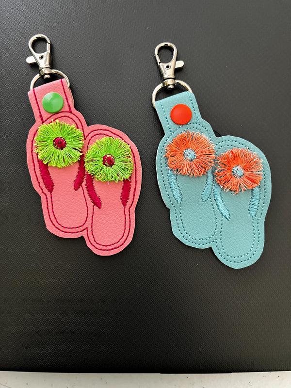 Flip Flops Fluffy Fringed Flower Eyelet and key fob Snap Tab in the ...