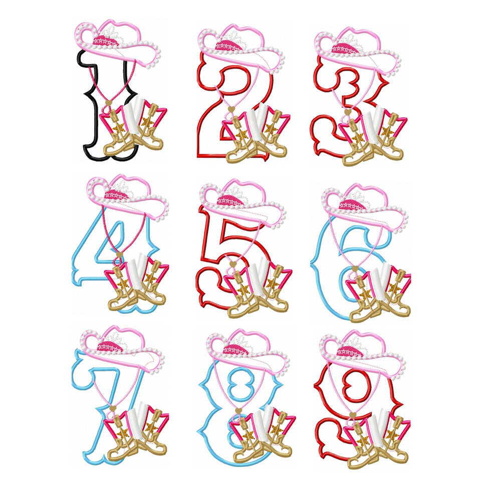 Girls Cowboy Birthday Numbers 1-9 applique machine embroidery designs ...