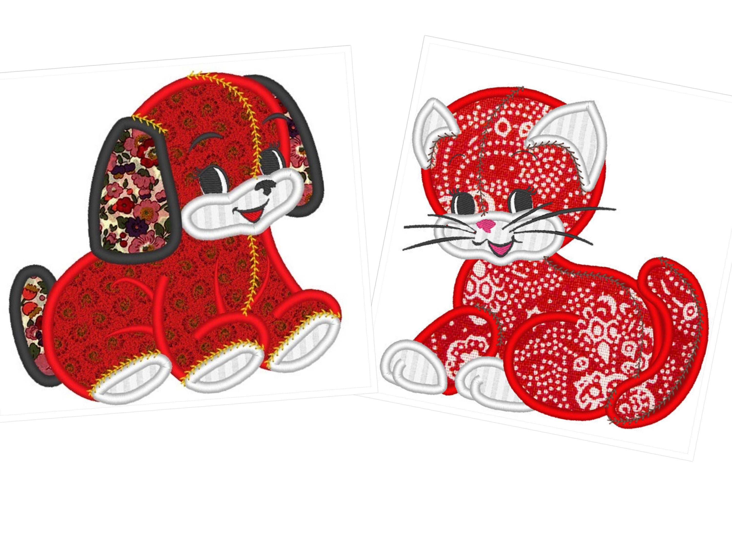 Quilt Raggedy edge applique kitty cat and puppy toy applique machine ...