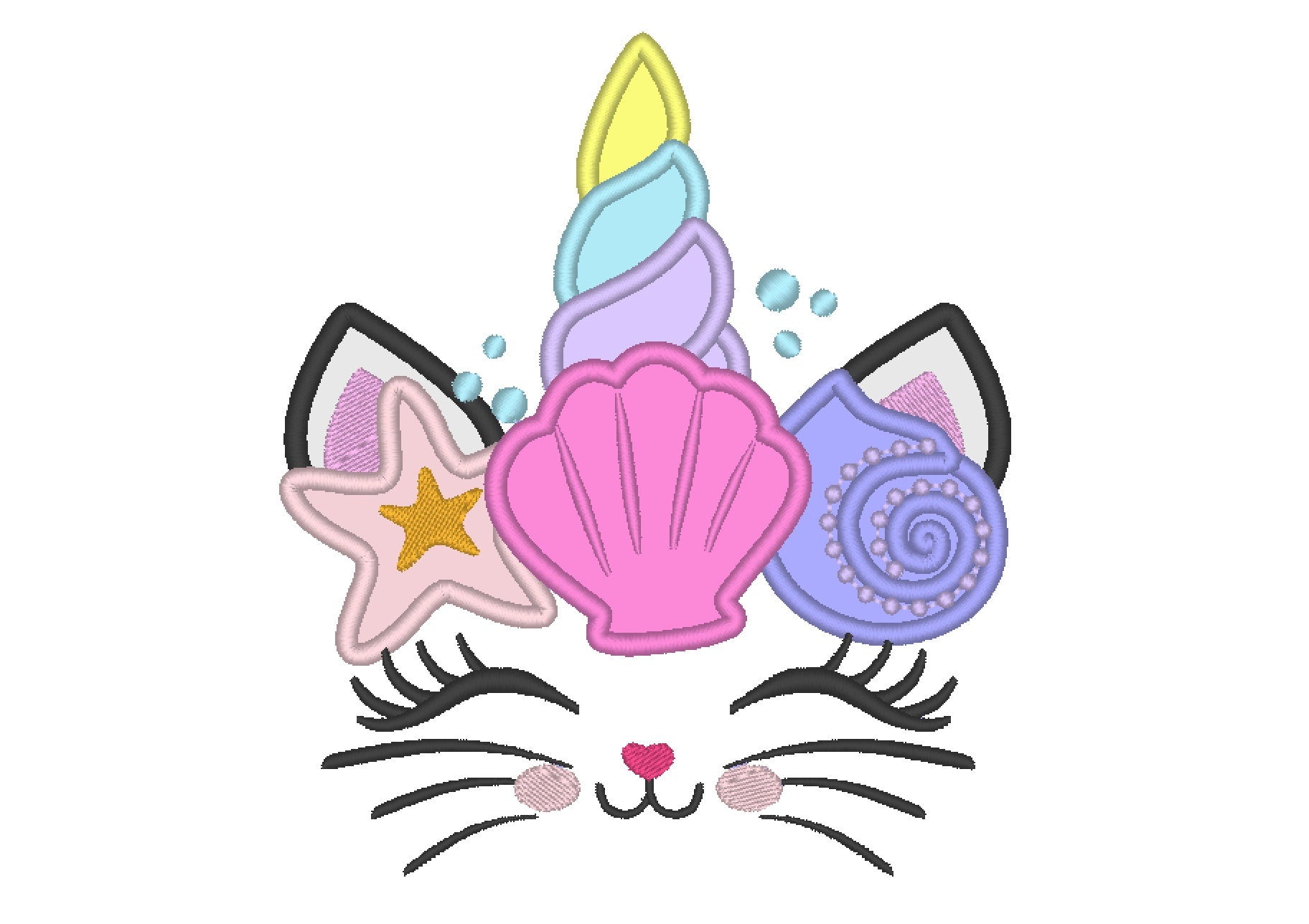 Mermaid Sea Unicorn Kitty head with shell and star crown applique ...