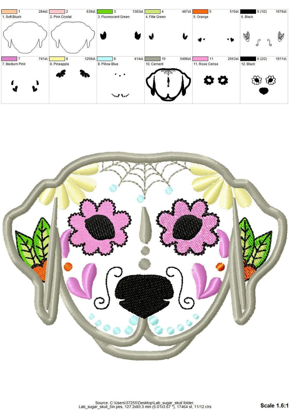 Lab Labrador Sugar Skull applique machine embroidery design, pet dog ...