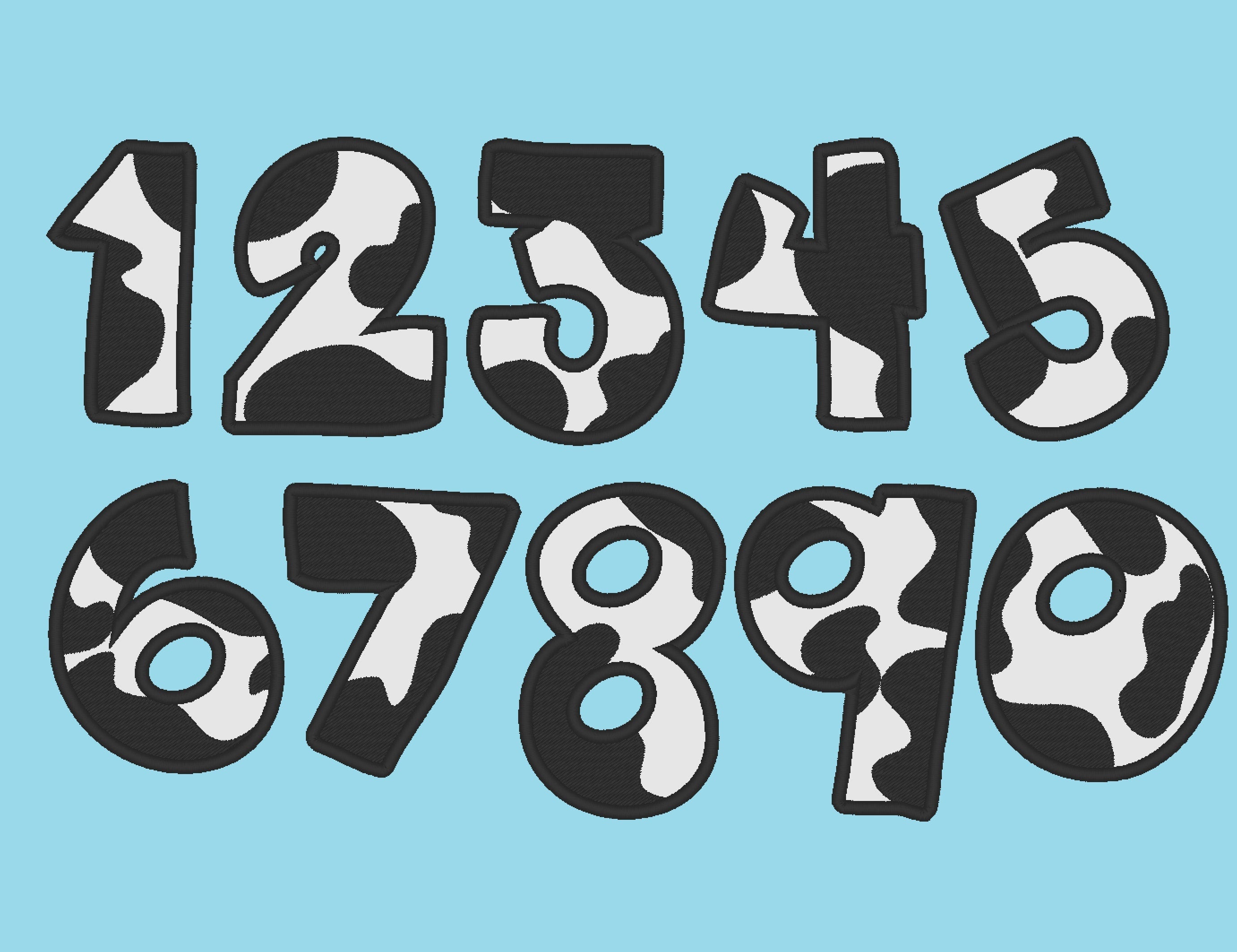 Cow spots ugly numbers, wide satin stitch birthday numbers, machine ...